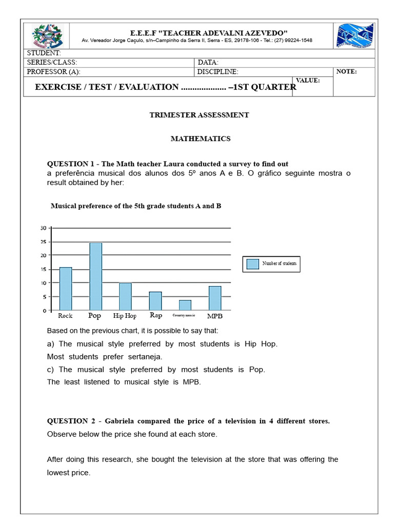 5th Grade Math Assessment Questions | PDF