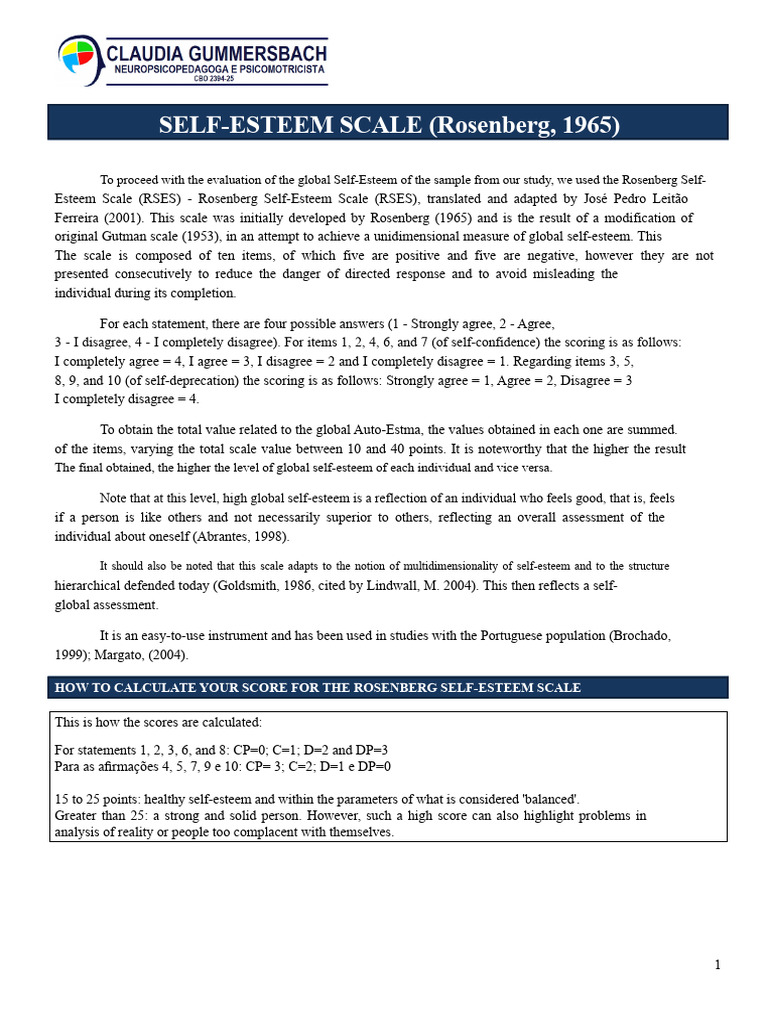 Rosenberg Self-Esteem Scale (RSES) docx | PDF | Self Esteem | Popular ...
