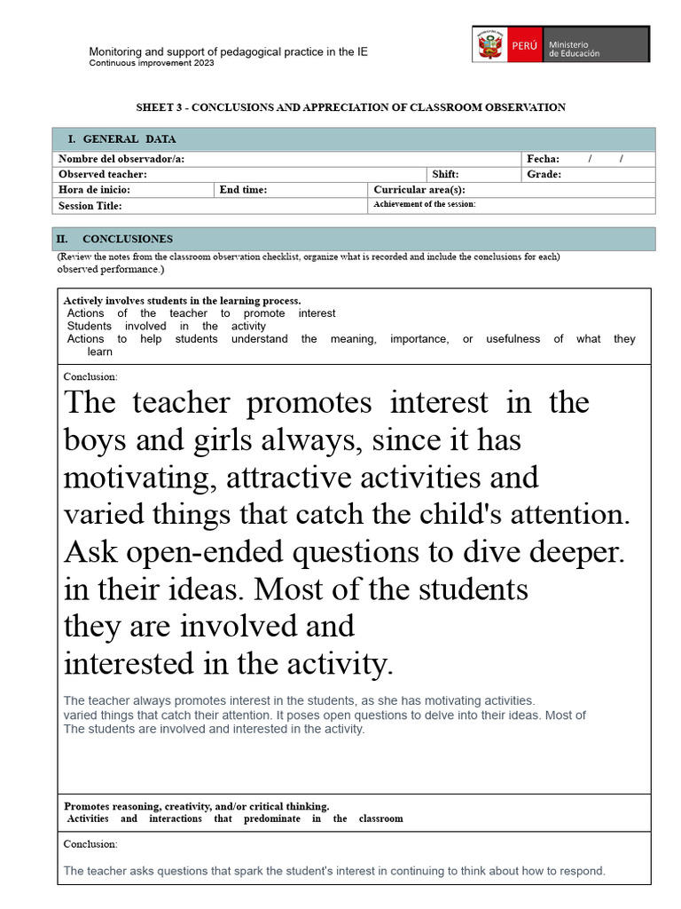 Classroom Observation Evaluation 2023 | PDF | Teachers | Learning