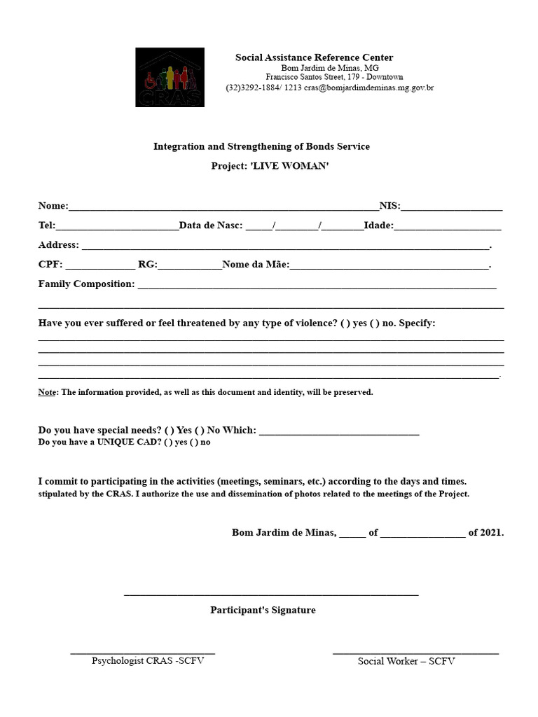 Registration Form For The VIVA MULHER Project | PDF