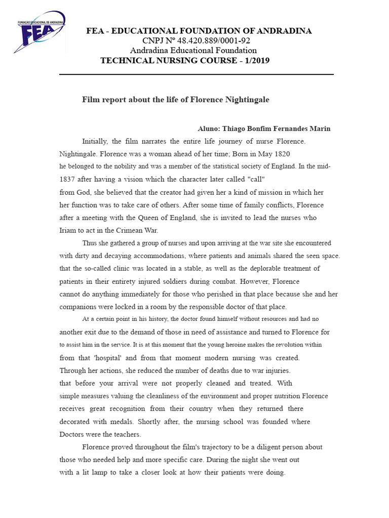 Report on the Film about the Life of Florence Nightingale | PDF ...