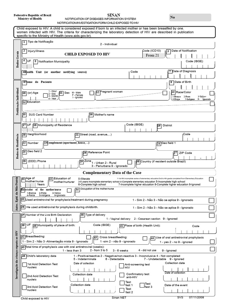Notification Form - Investigation of a Child Exposed to HIV | PDF ...