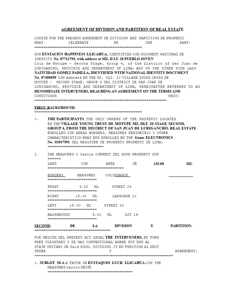 Agreement On Division and Partition of Real Estate | PDF | Private Law ...