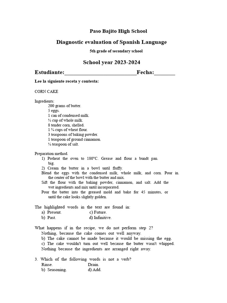 Spanish Language Evaluation for 5th Grade | PDF | Cakes | Baking Powder
