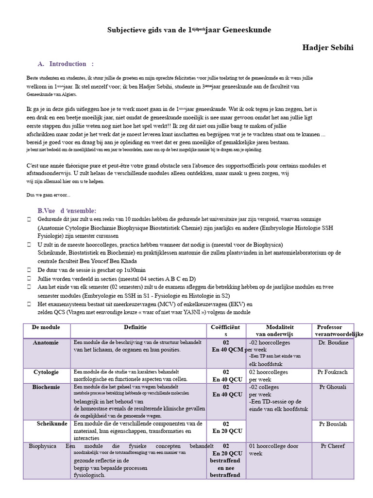 Subjectieve Gids Voor Het Eerste Jaar Geneeskunde - Hadjer Sebihi | PDF