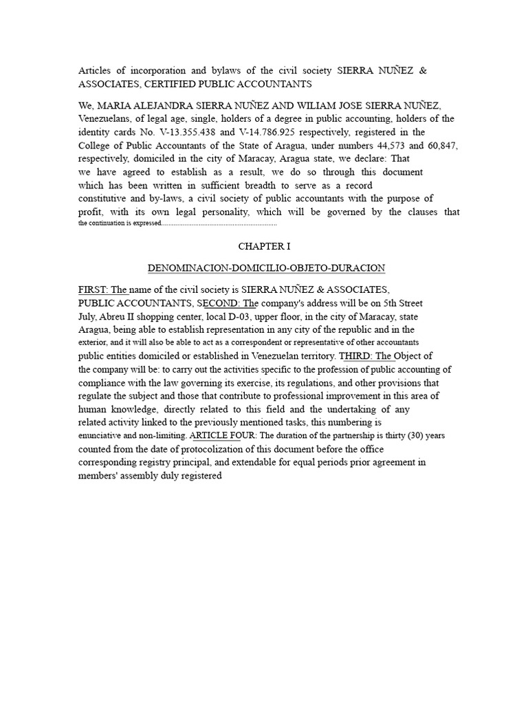 Articles of Incorporation and Bylaws of The Civil Society SIERRA NUÑEZ ...