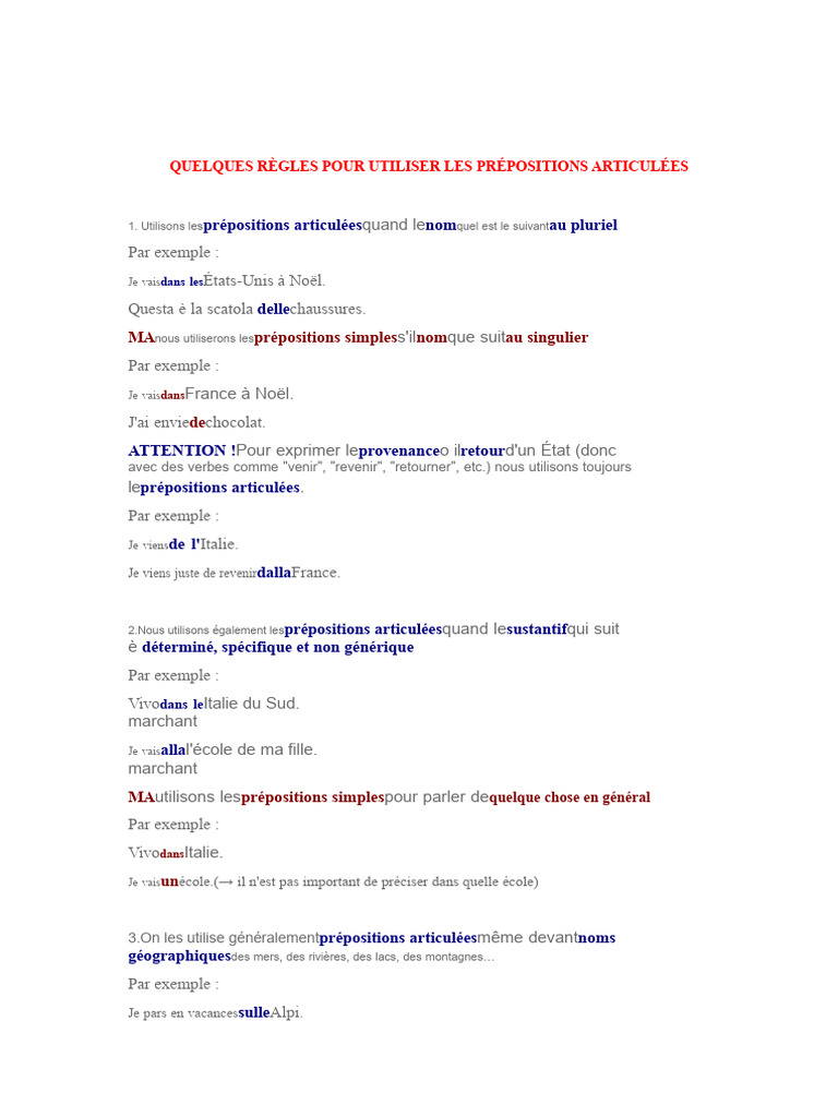 Règles des prépositions articulées en français | PDF | Nombre ...