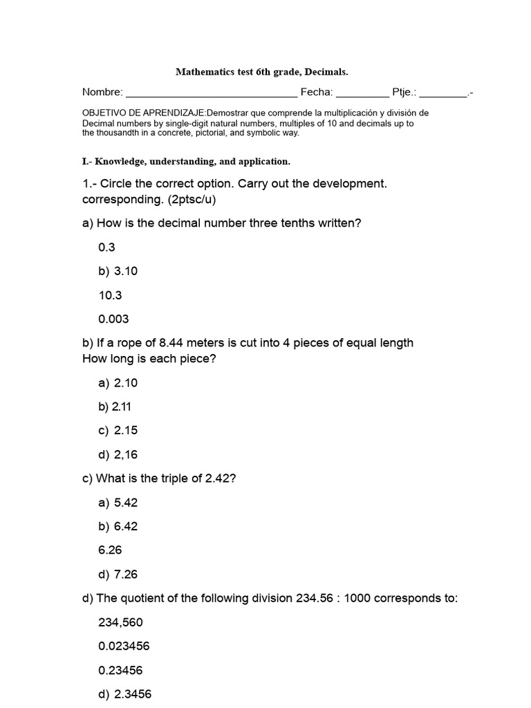 Evaluate 6th Grade Multiplication and Division of Decimal Numbers. | PDF