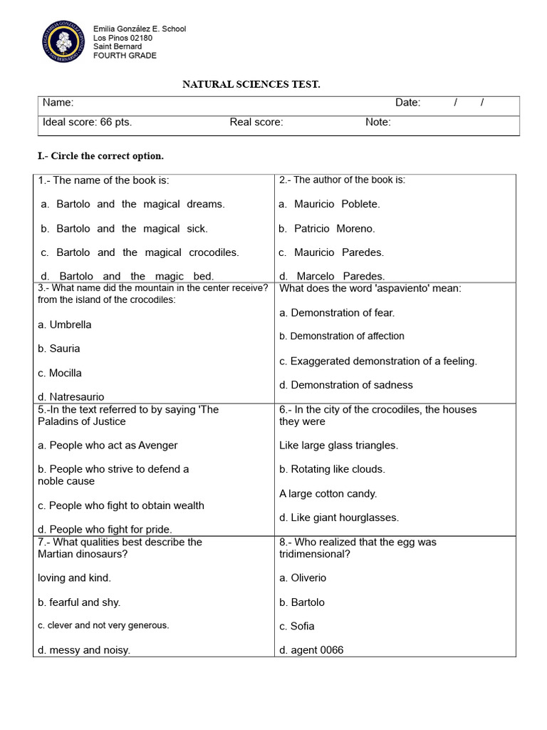 Fourth Grade Natural Sciences Test | PDF
