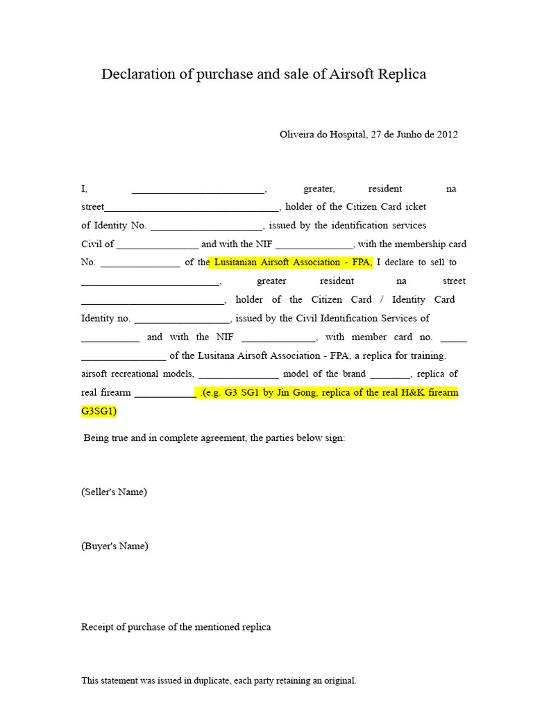 Declaration of Purchase and Sale of Airsoft Replica | PDF