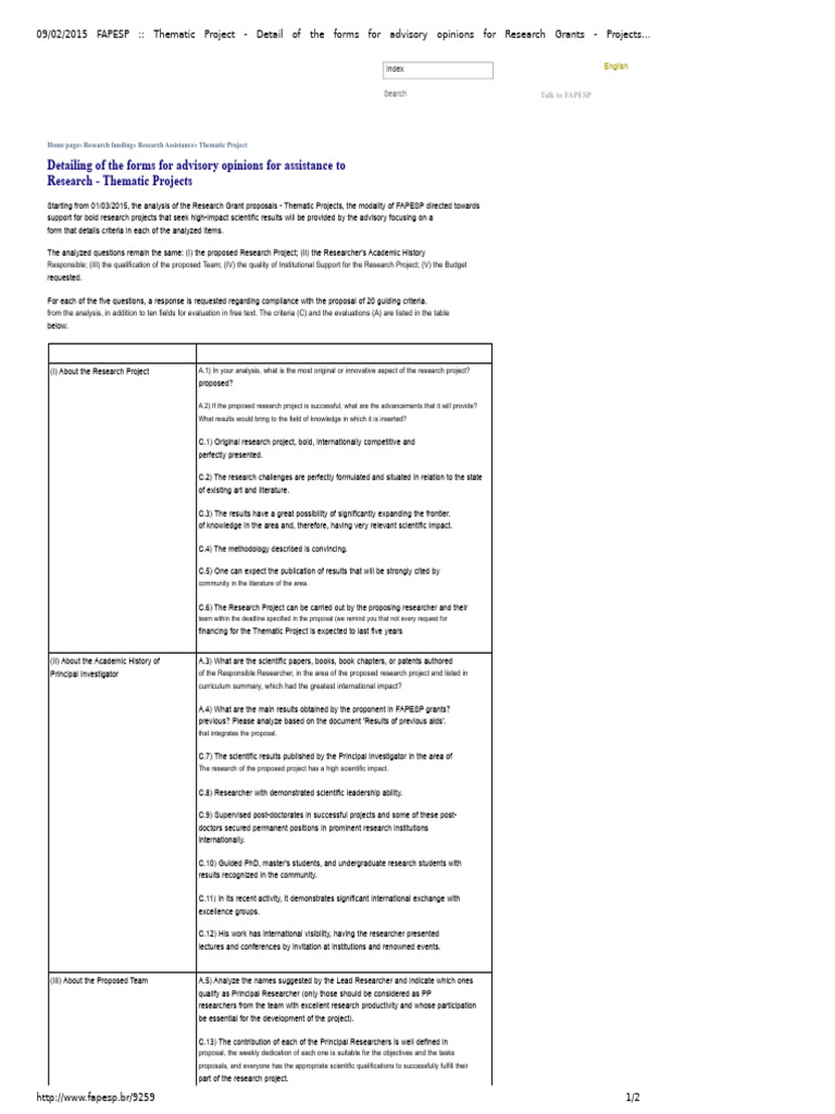 FAPESP Thematic Project Advisory Forms | PDF
