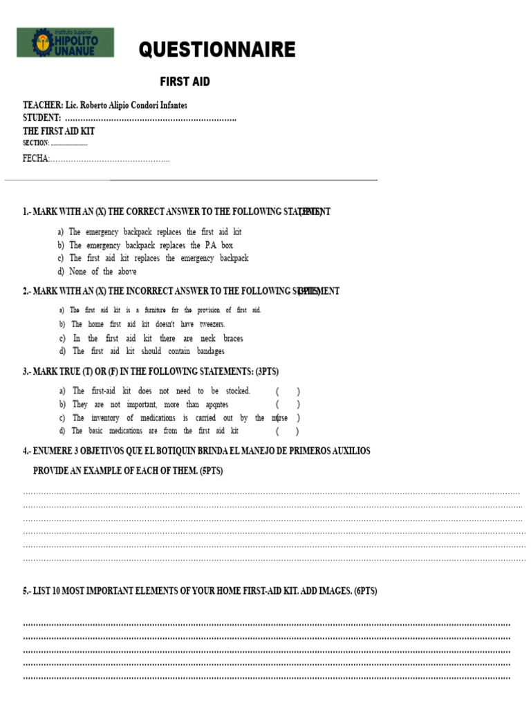 First Aid Questionnaire for Students | PDF | First Aid | Emergency ...