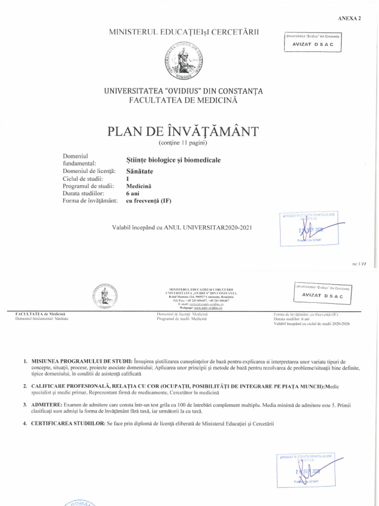 Plan Invatamant 2019-2025-2031 Medicina | PDF