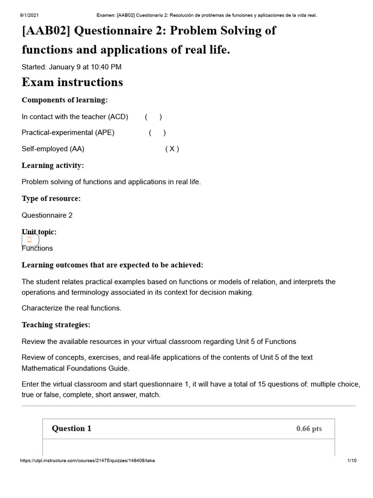 Exam (AAB02) Questionnaire 2: Problem Solving of Functions and Real ...