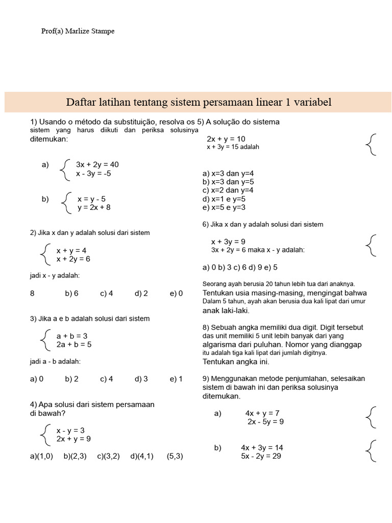 Latihan Sistem Persamaan Linear 1 Variabel | PDF