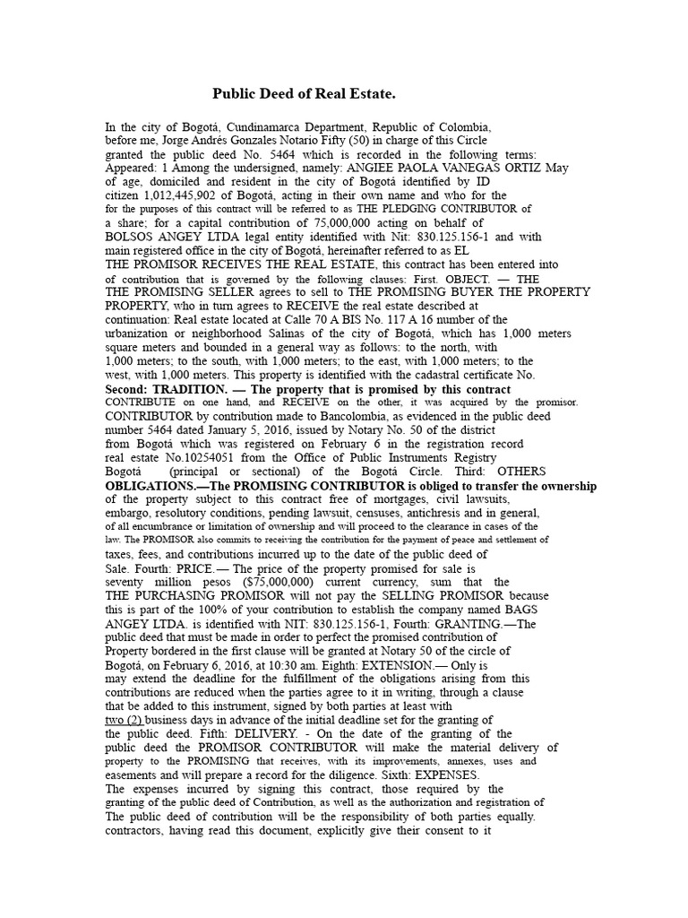 Public Deed of A Real Estate Property Bolsos Angey. | PDF | Deed ...