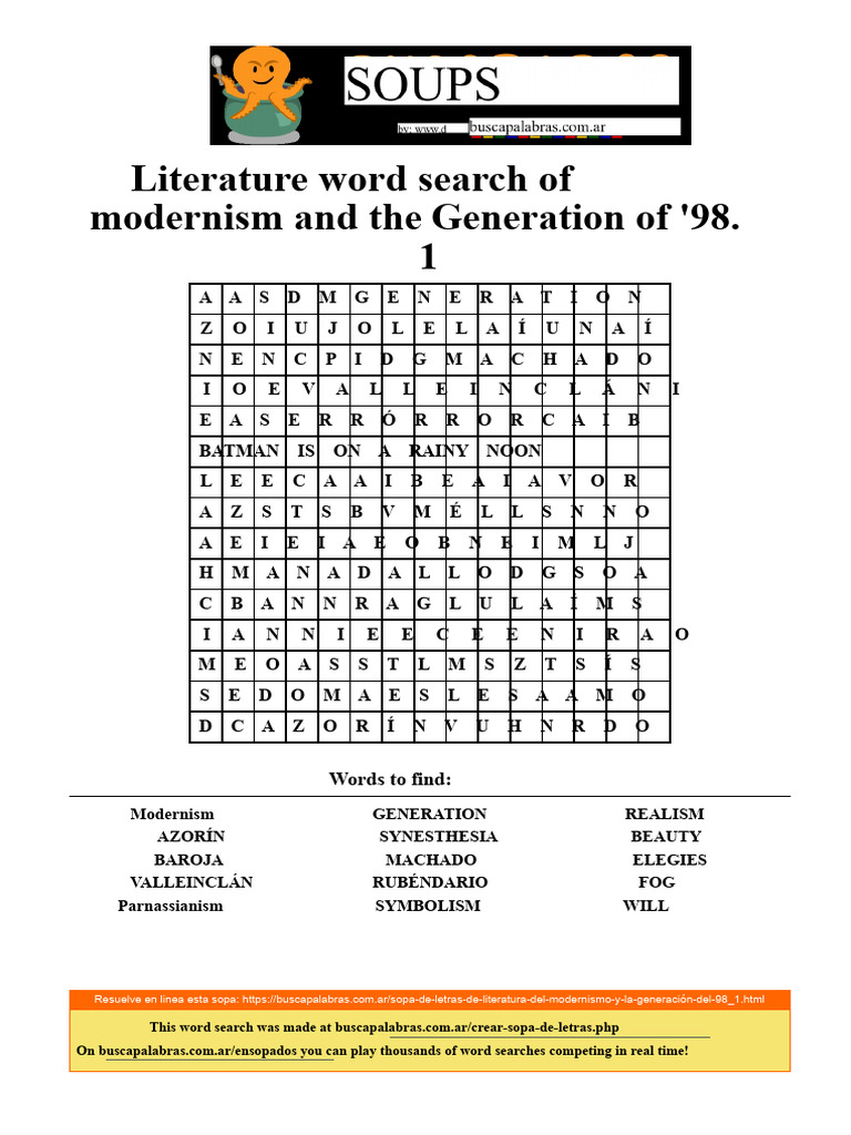 Word Search Puzzle of Modernism Literature and The Generation of 98 - 1 ...