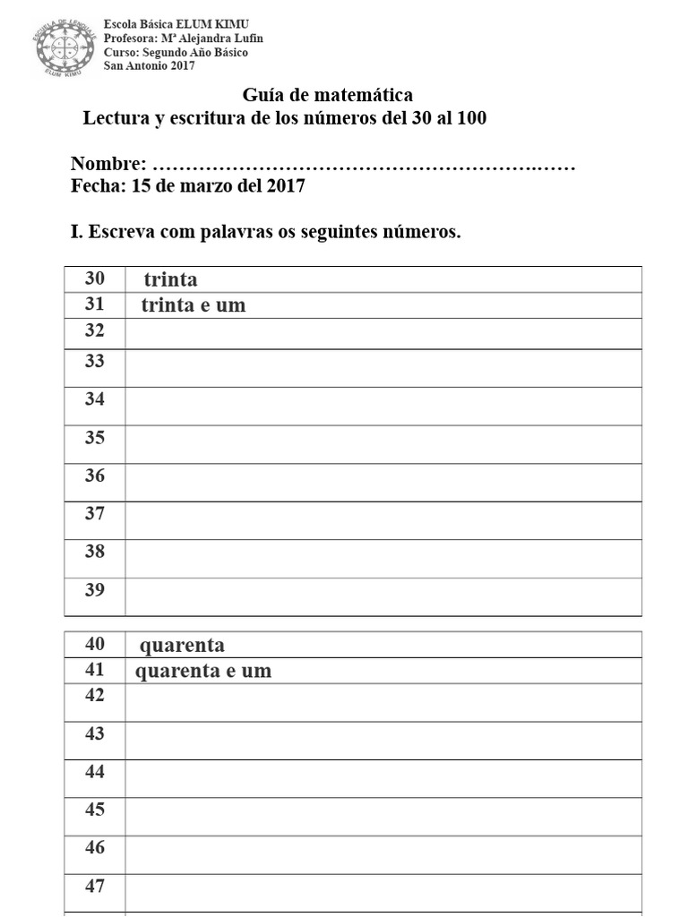 Guia de Escrita e Leitura de Números de 30 A 100 | PDF