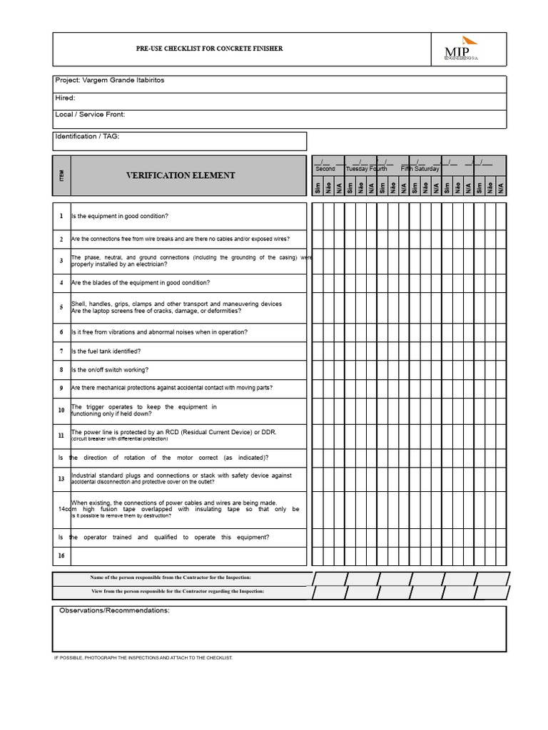 Concrete Finisher Pre-Use Checklist | PDF