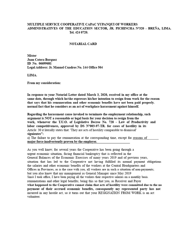 Notarial Letter For Workplace Hostility | PDF