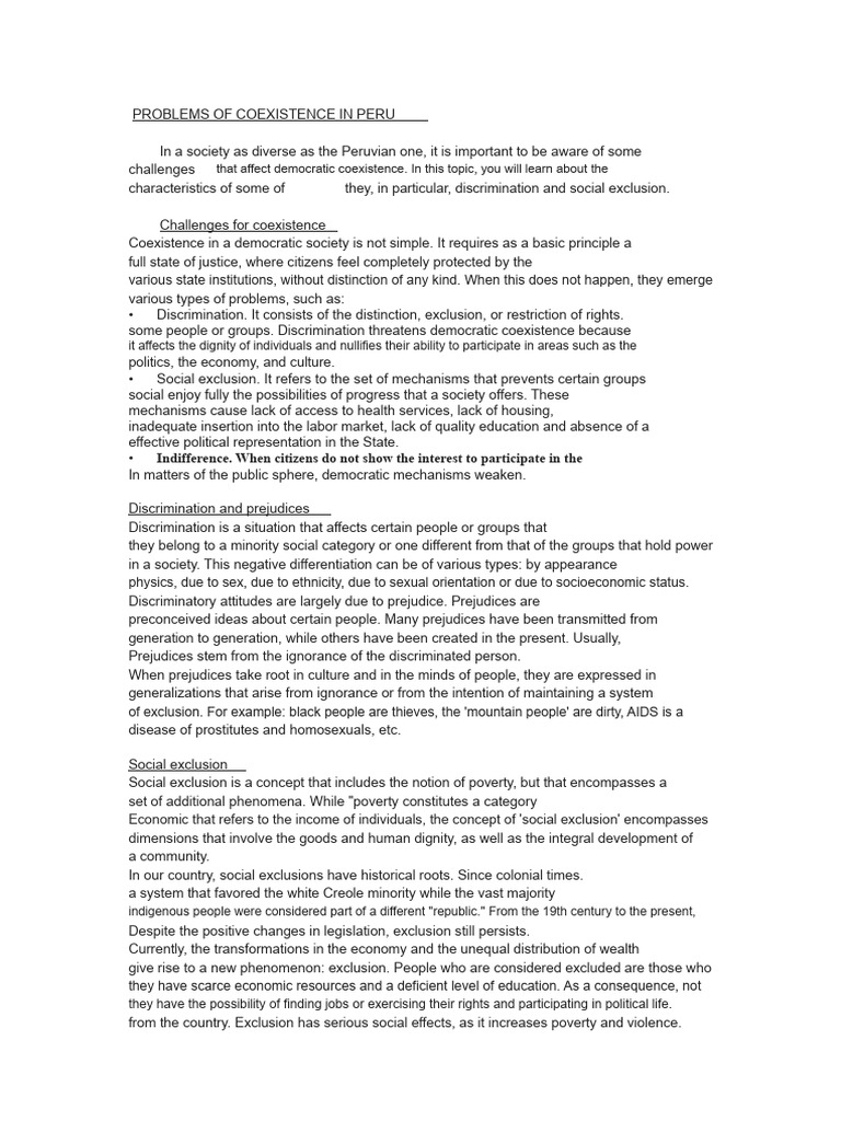 Coexistence Challenges in Peru: Discrimination & Exclusion | PDF ...