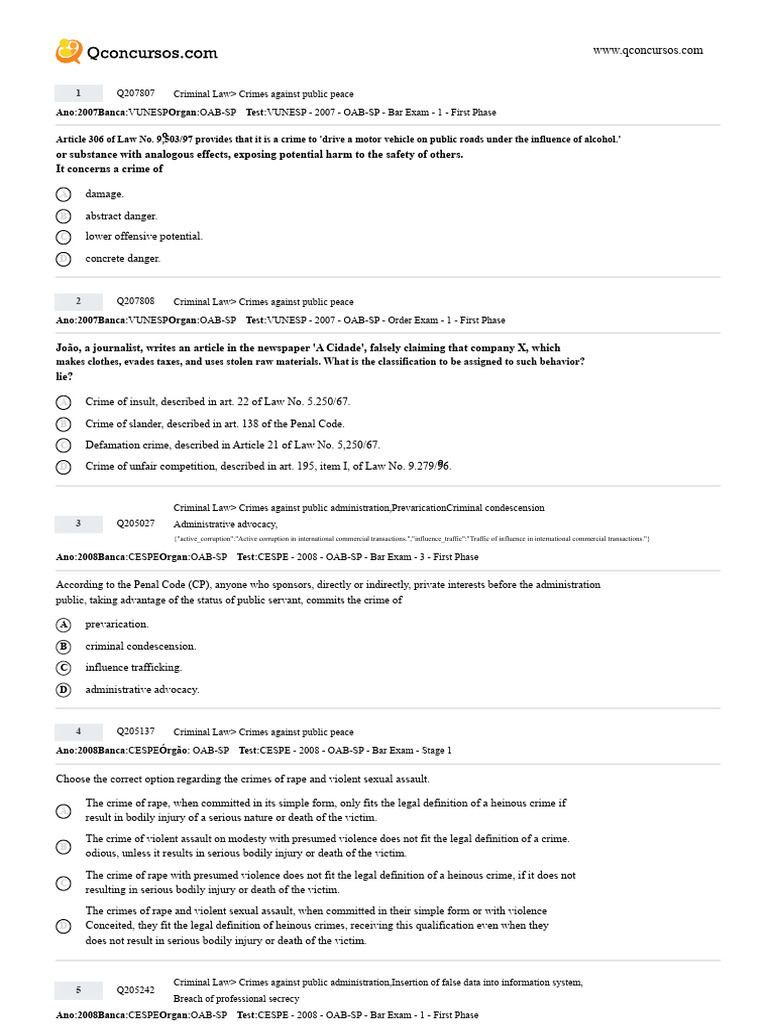 OAB-SP Bar Exam Criminal Law Questions | PDF | Crimes | Crime & Violence