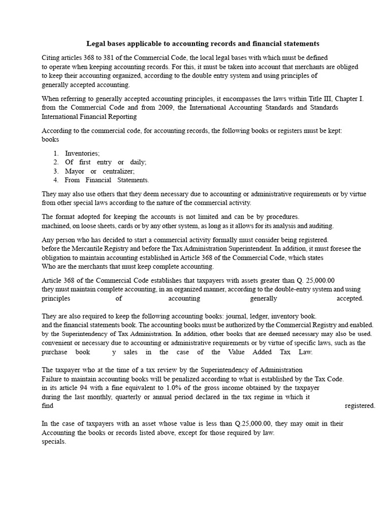 Legal Bases Applicable in Accounting Records and Financial Statements ...