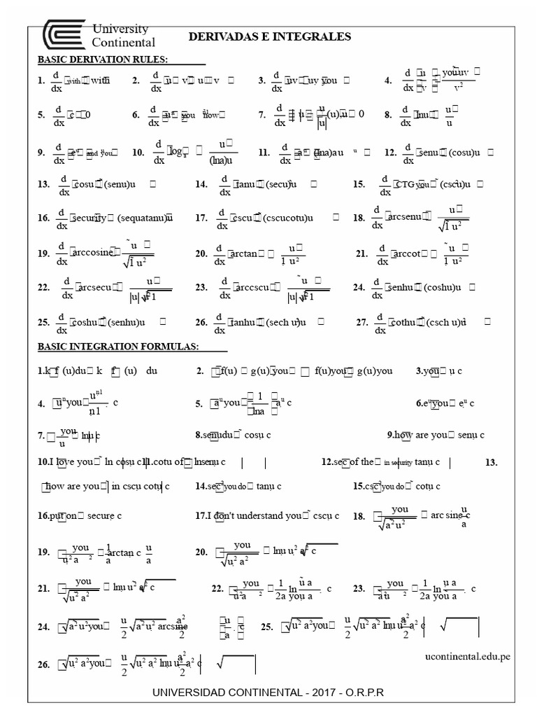 Formulas of Derivatives and Integrals | PDF | Integral | Trigonometric ...