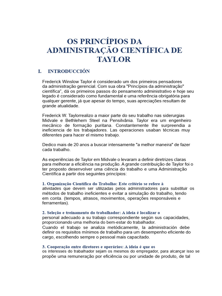 Princípios da Administração Científica de Taylor | PDF | Produção e ...