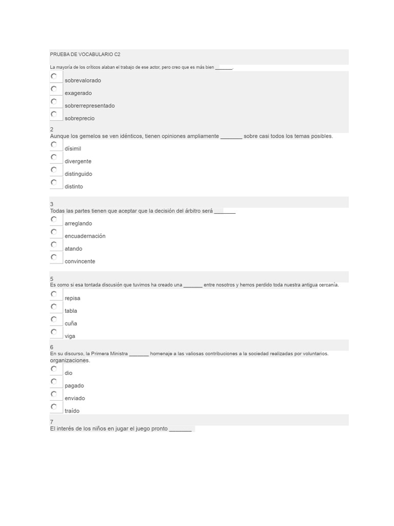 Prueba de Vocabulario C2: Ejercicios y Respuestas | PDF