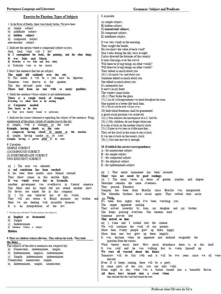 Subject Exercises | PDF | Subject (Grammar) | Linguistics