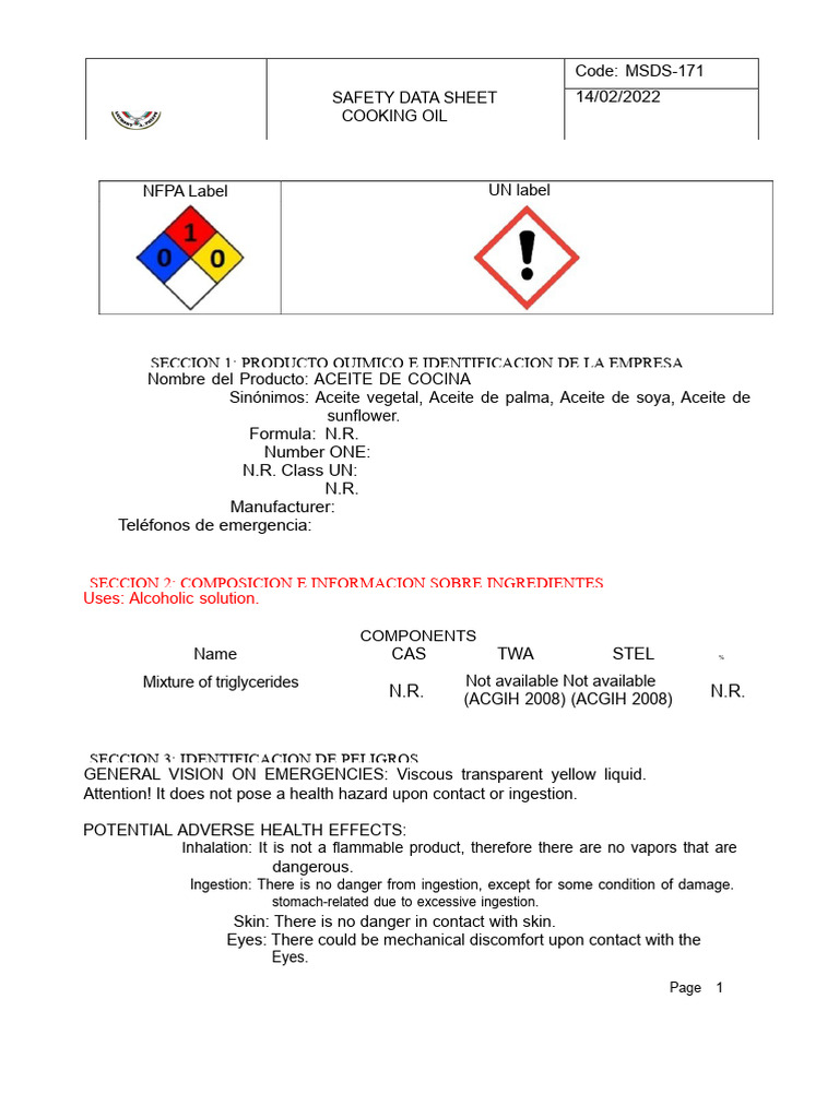 Safety Data Sheet for Cooking Oil | PDF | Water | Combustion