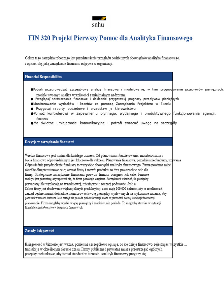 FIN 320 Projekt Pierwszy Pomoc Dla Analityka Finansowego: Financial ...