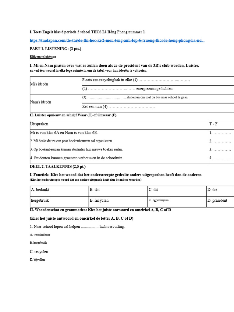 I. Toets Engels Klas 6 Periode 2 School THCS Lê H NG Phong Nummer 1 | PDF