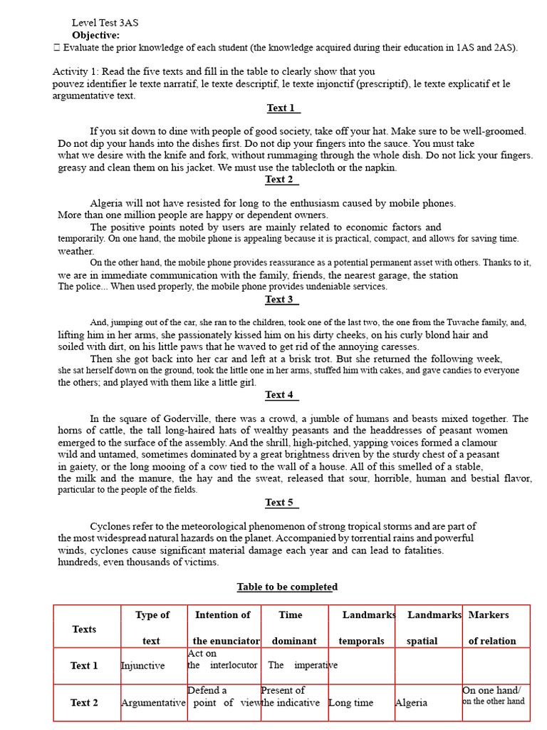 Level Test 3AS: Text Type Evaluation | PDF | Narrative