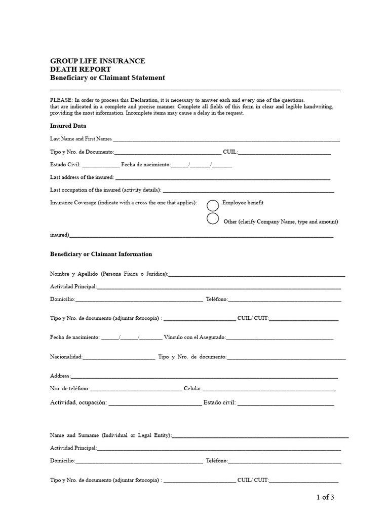 REPORT of DEATH Declaration of The Beneficiary or Claimant BETU | PDF ...