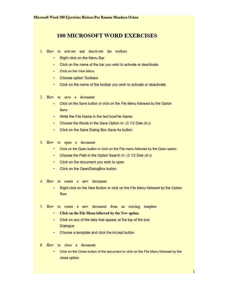 100 Basic Microsoft Word Exercises | PDF | Microsoft Word | Menu ...