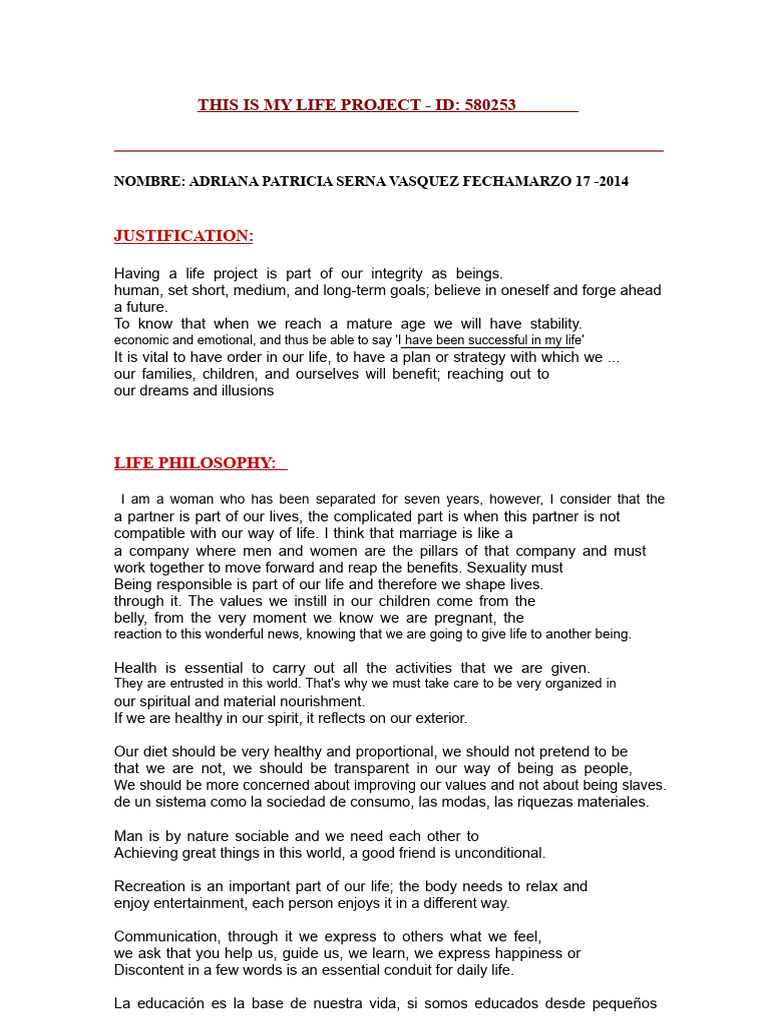 Life Project: Goals and Philosophy | PDF | Knowledge | Psychological ...