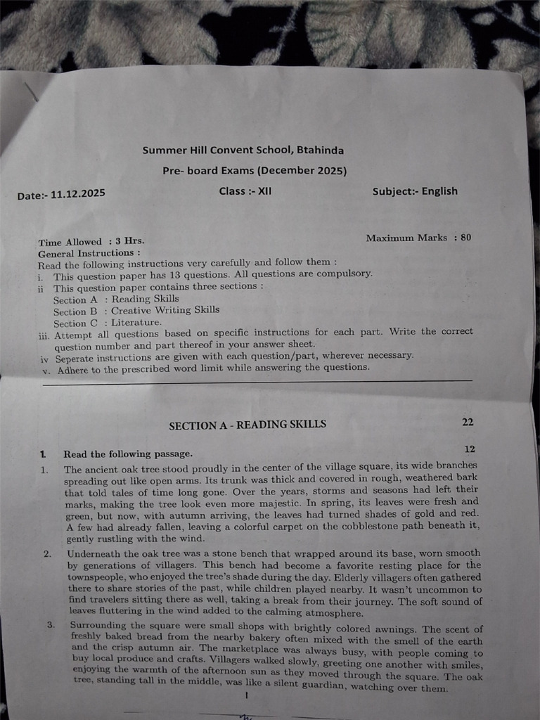 Class12 Cbse English School Pre Board | PDF