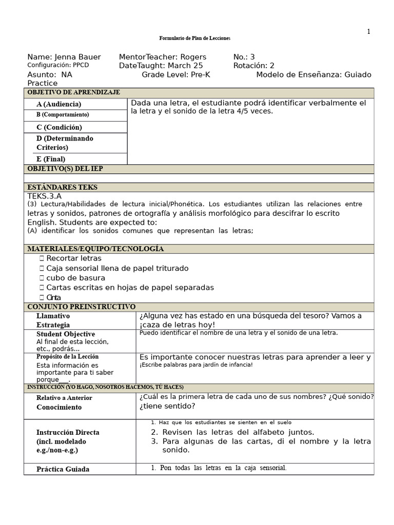 Plan de Lección Letras Enterradas | PDF