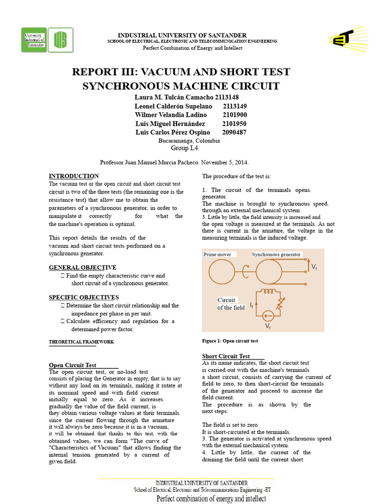 Vacuum and Short Circuit Test Synchronous Machine | PDF | Electric ...