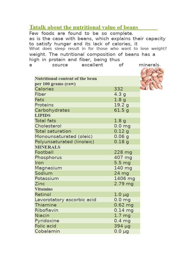 Nutritional Value of Beans Explained | PDF | Dietary Fiber | Diet ...
