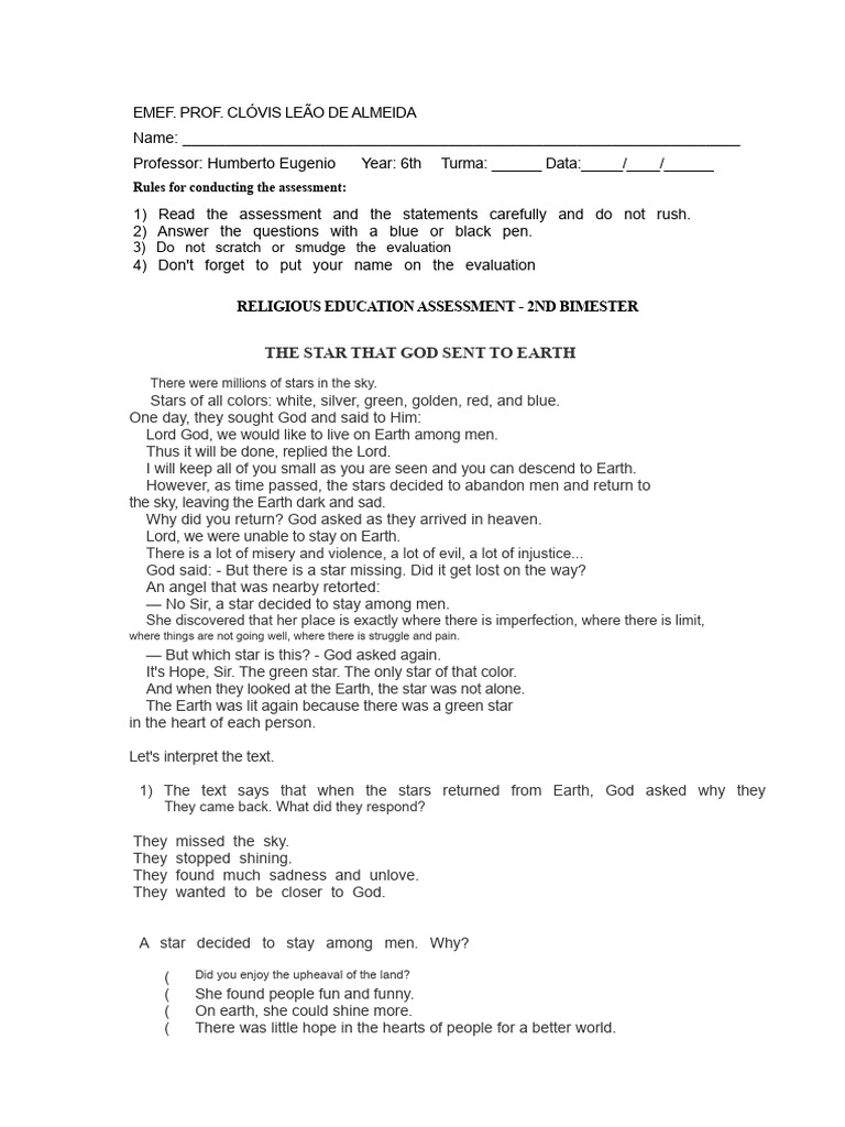 Assessment 6th Grade 2nd Term Religious Education | PDF