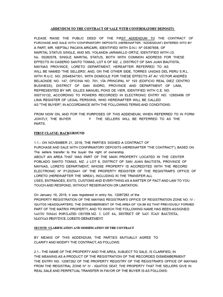 Addendum To The Purchase Agreement With Confirmatory Deposits | PDF ...
