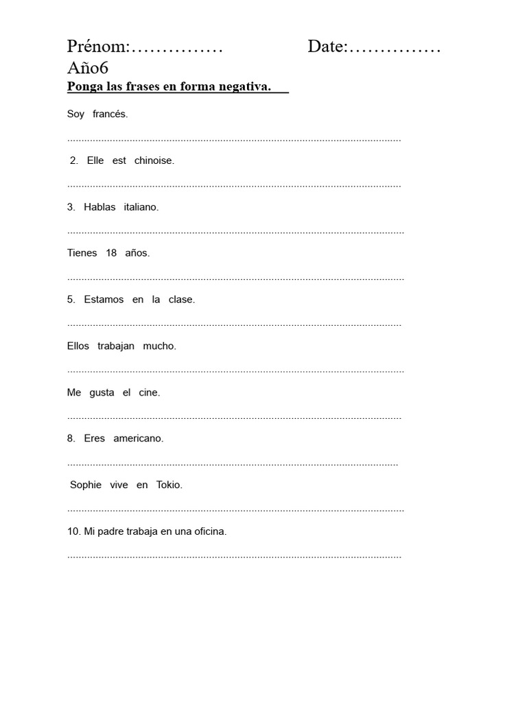 Ponga Las Frases en Forma Negativa | PDF