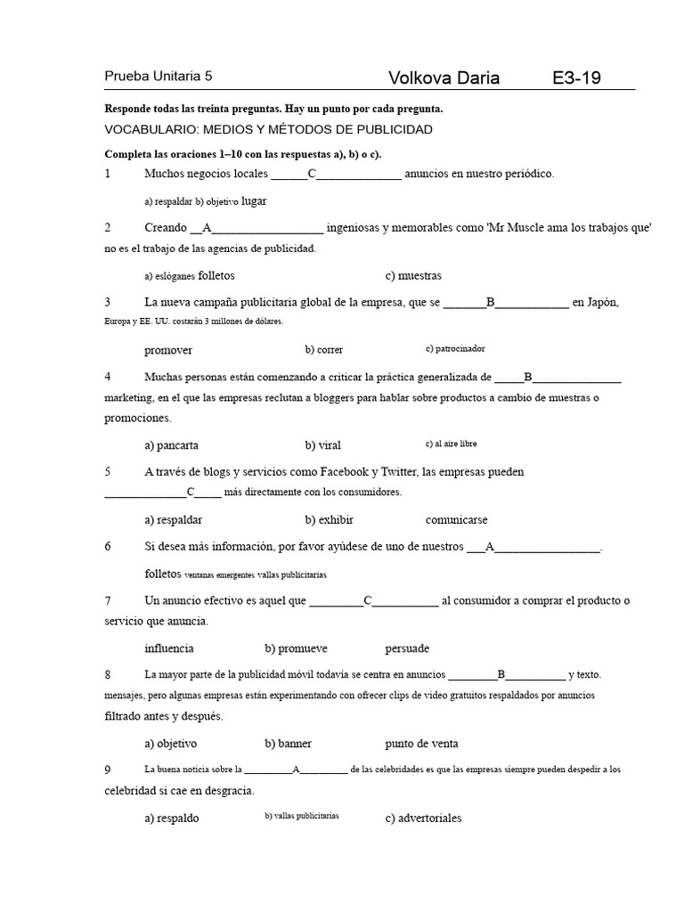 Prueba de Vocabulario en Publicidad | PDF | Publicidad | Internet
