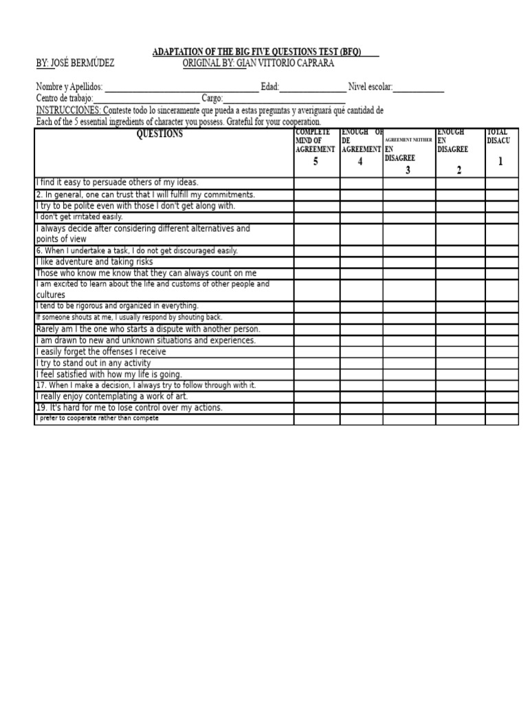 Big Five Questions Test Adaptation Guide | PDF | Psychological Theories ...
