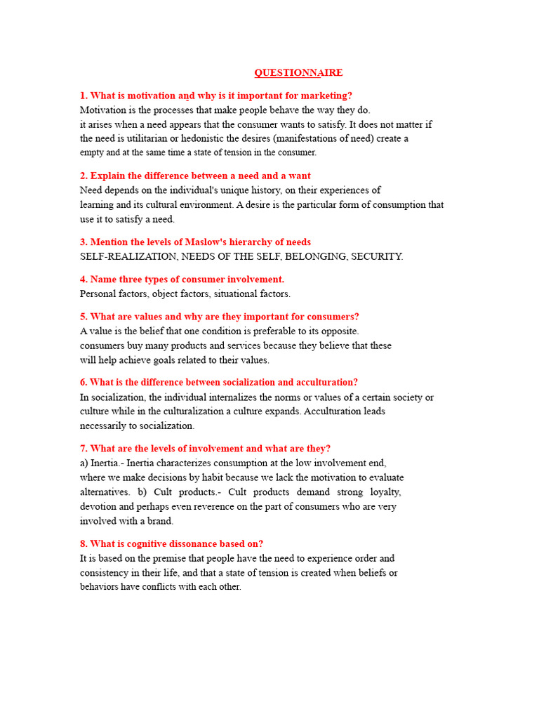 Questionnaire On Motivation and Values | PDF