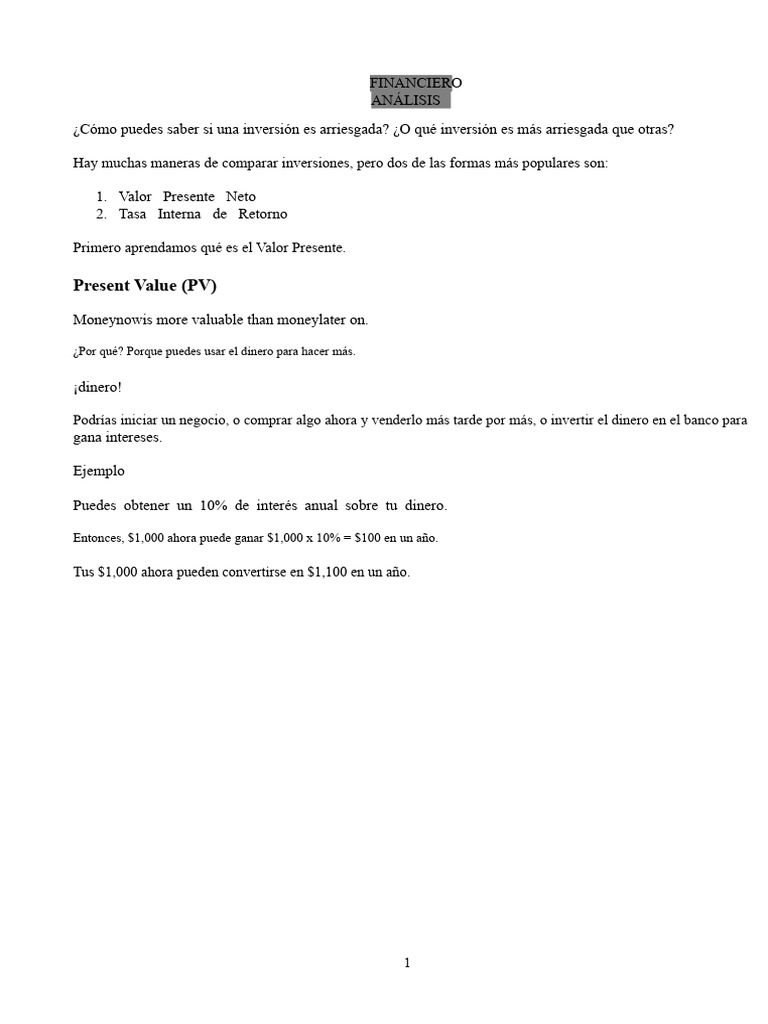 Ejemplo de Fórmula de VAN (Valor Actual Neto) | PDF | Tasa interna de ...