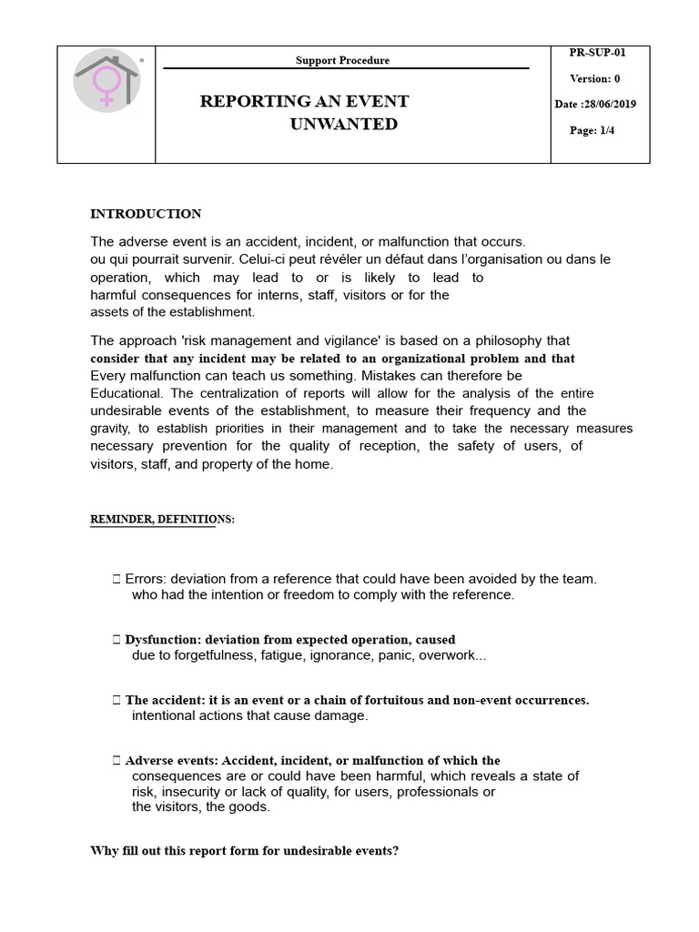 REPORTING OF A UNWANTED EVENT | PDF | Risk | Safety